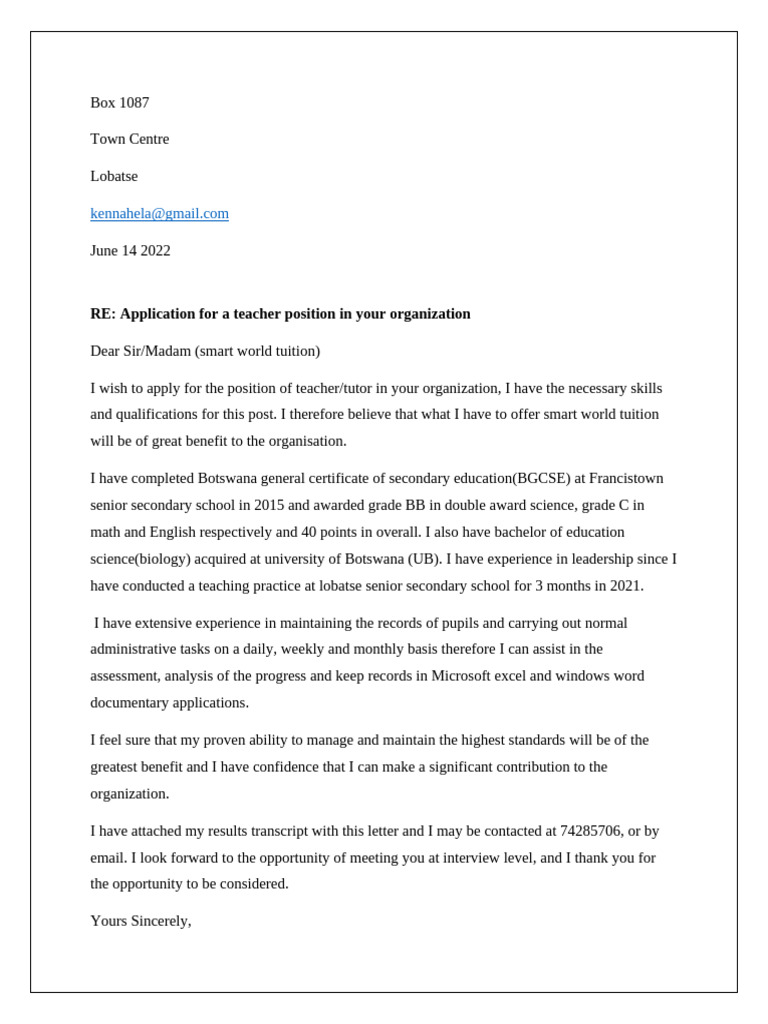 Teacher Application Letter for Smart World | PDF