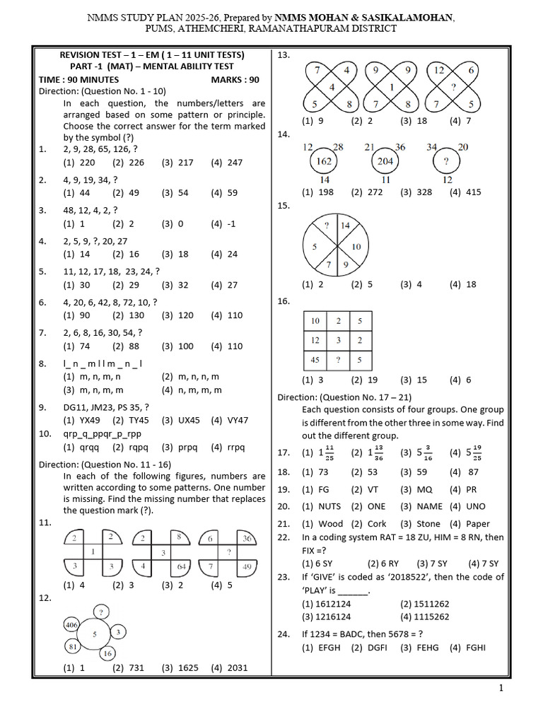 NMMS Class 8 Reasoning Test Plan | PDF