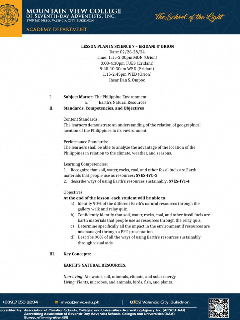 Science 7 Lesson Plan: Philippine Environment | PDF | Natural ...