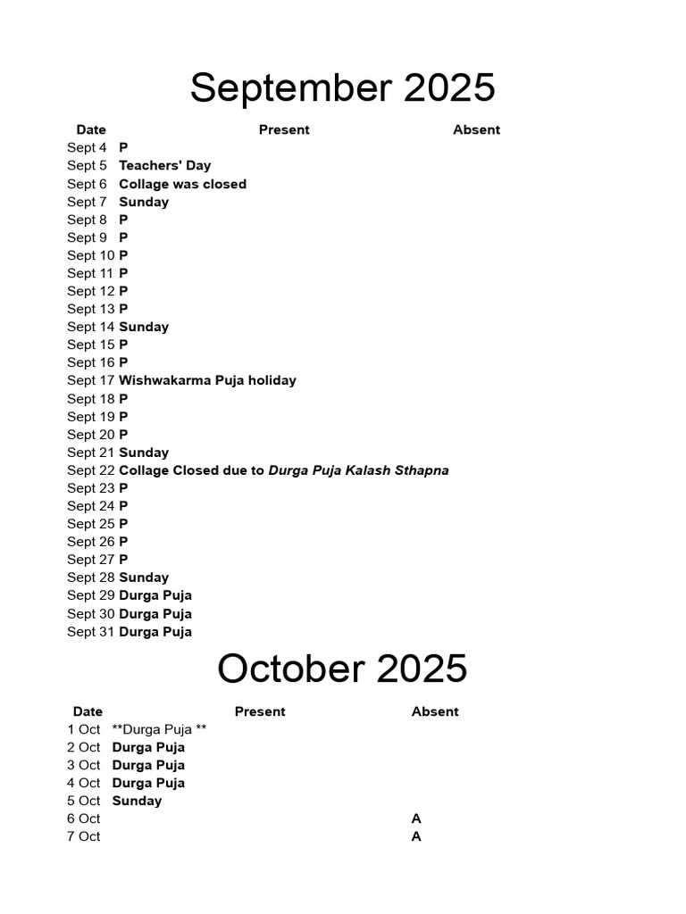 September-October 2025 Attendance Log | PDF