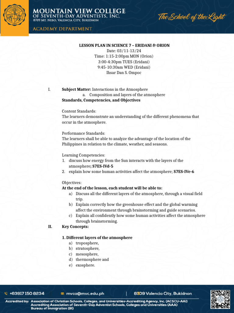 LESSON PLAN Week3 Monday SCI 7 | PDF | Atmosphere Of Earth | Atmosphere