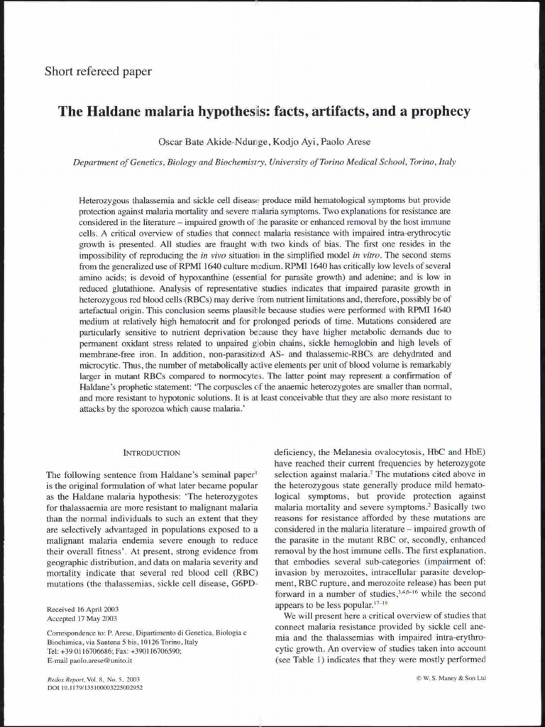 Arese, Paolo - The Haldane Malaria Hypothesis | PDF