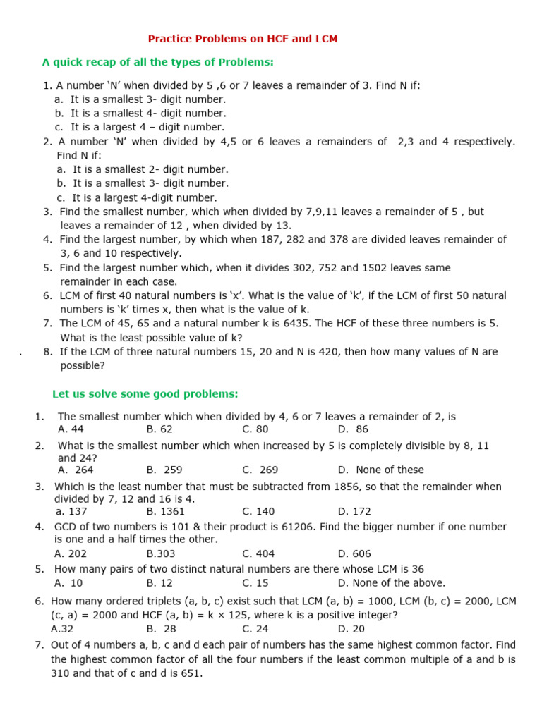 Practice Problems On HCF and LCM-2 | PDF | Number Theory | Discrete Mathematics