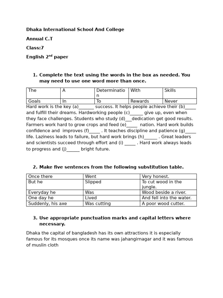 Class 7 English 2nd Paper Annual C.T | PDF