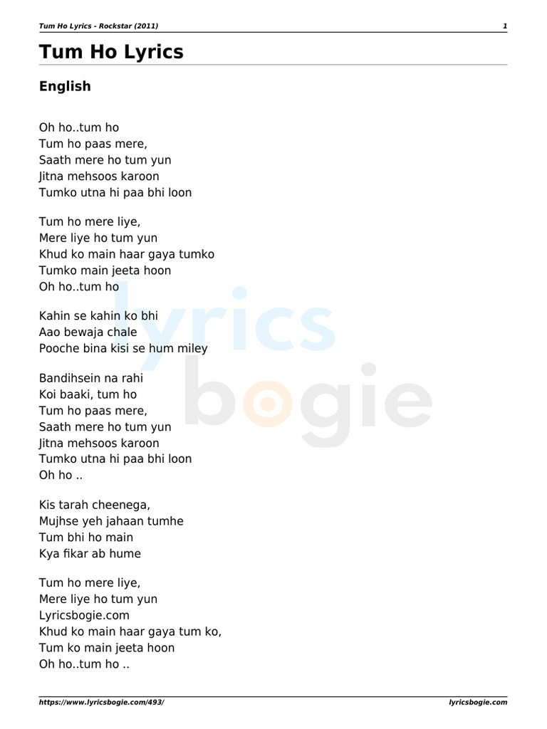 Tum Ho Lyrics - Rockstar (2011) | PDF
