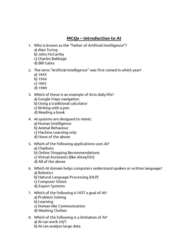 AI MCQs: Basics and Applications | PDF | Artificial Intelligence ...