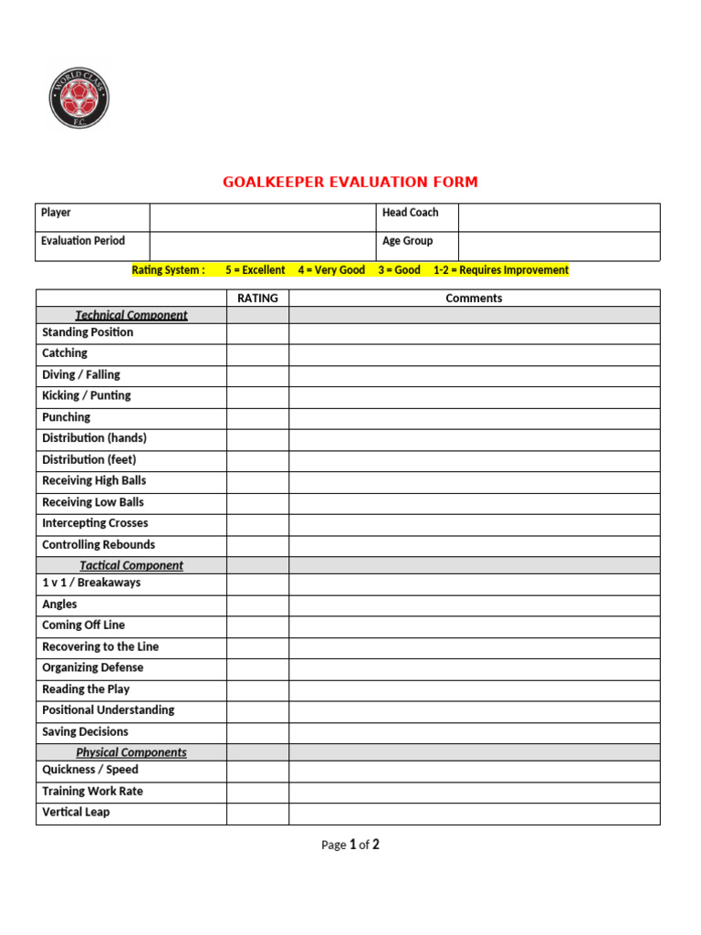 Goalkeeper Evaluation Form | PDF