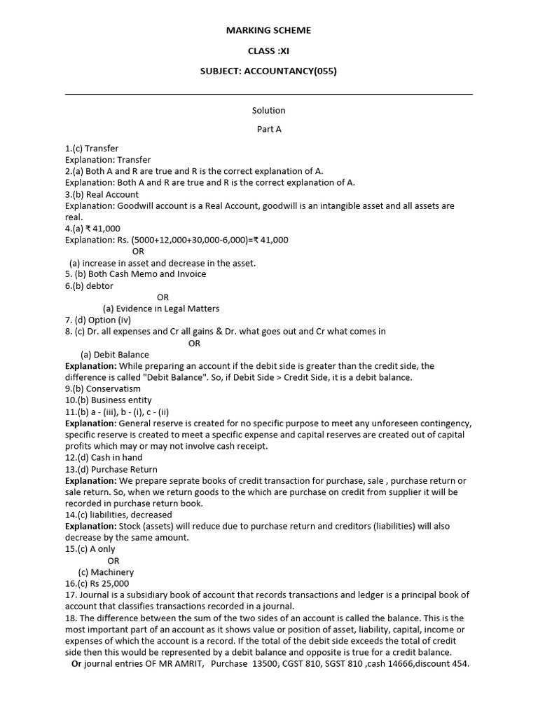 Class XI Accountancy Marking Scheme | PDF | Debits And Credits | Money