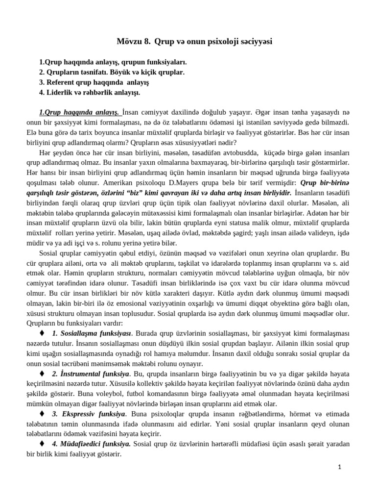 Mövzu 8. Qrup VƏ Onun Psixoloji Səciyyəsi.. | PDF