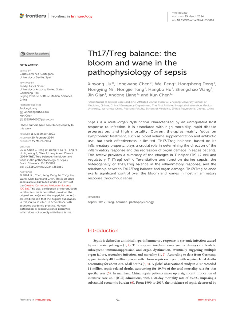 Th17:Treg Balance: The Bloom and Wane in The Pathophysiology of Sepsis ...