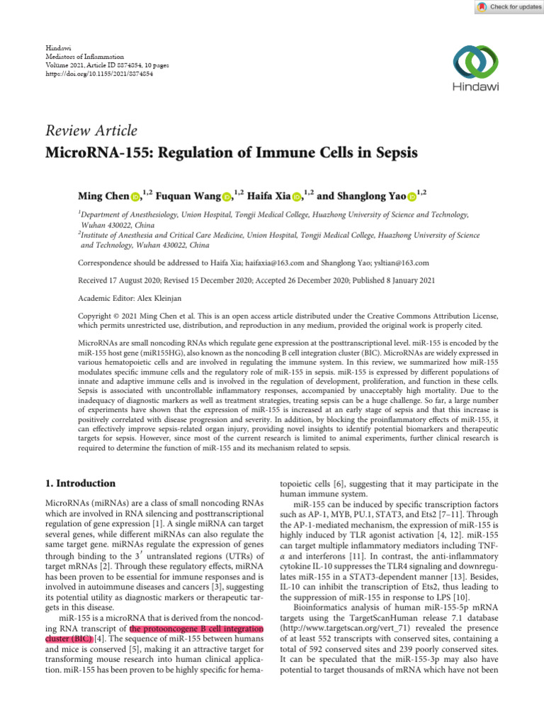 MicroRNA-155: Regulation of Immune Cells in Sepsis | PDF | T Helper ...