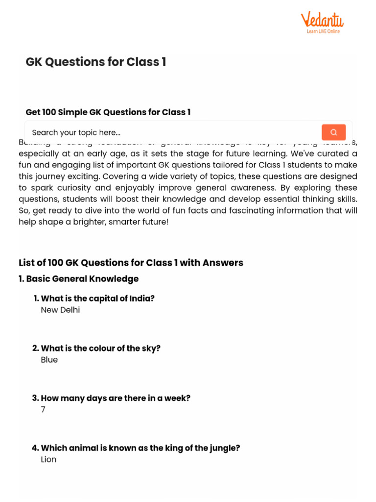 GK Questions For Class 1 | PDF