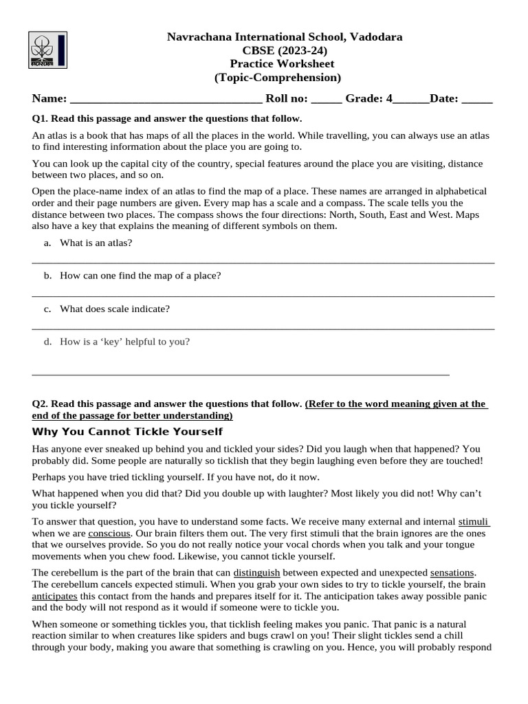 Comprehension WS Grade 4 | PDF | Tickling | Cognitive Science