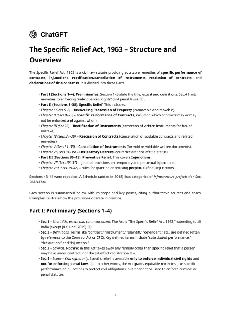 Overview of the Specific Relief Act 1963 | PDF | Legal Remedy | Injunction