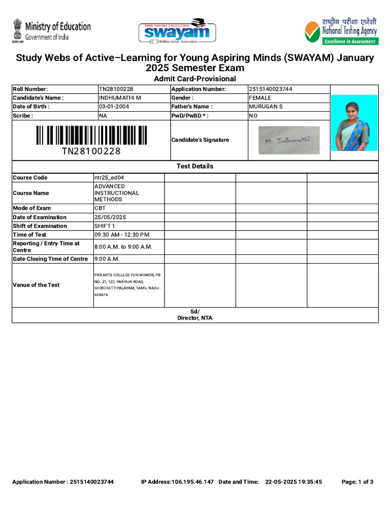 Indhumathi Swayam Hall Ticket January 2025 Semester | PDF | Identity ...