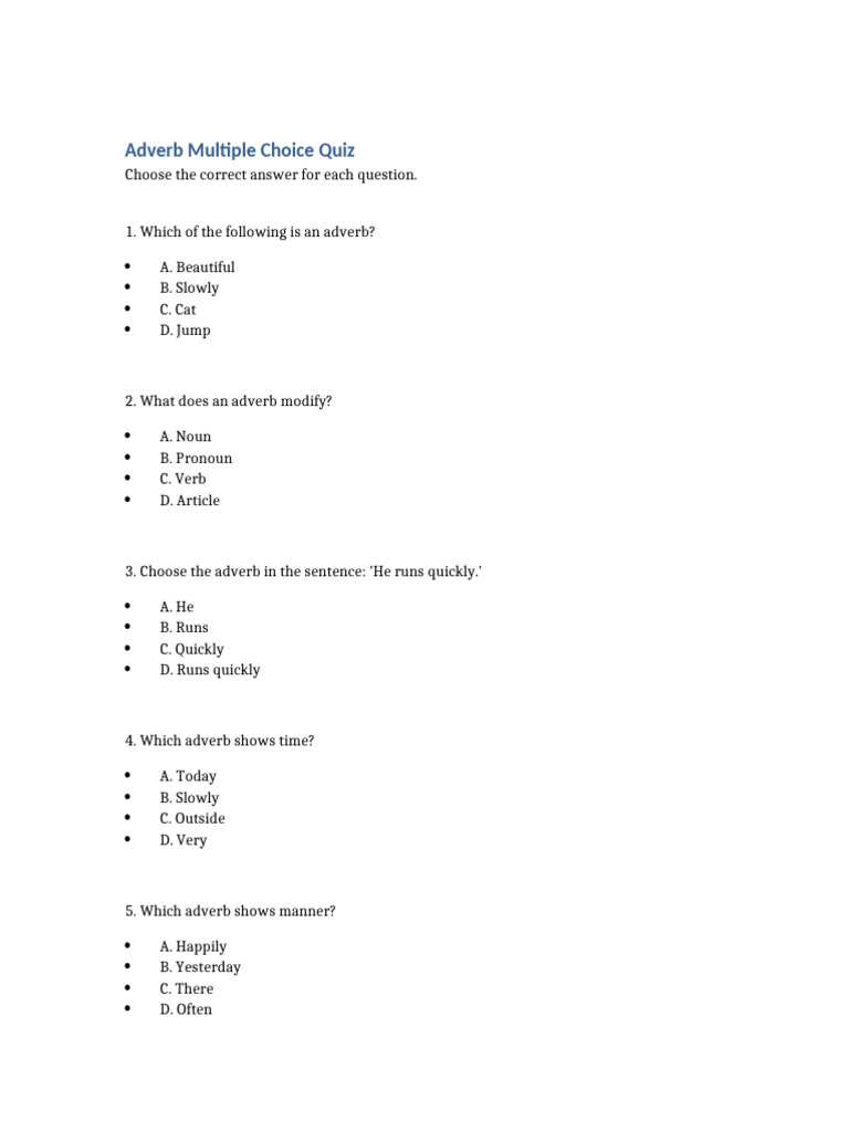 Adverb Quiz | PDF
