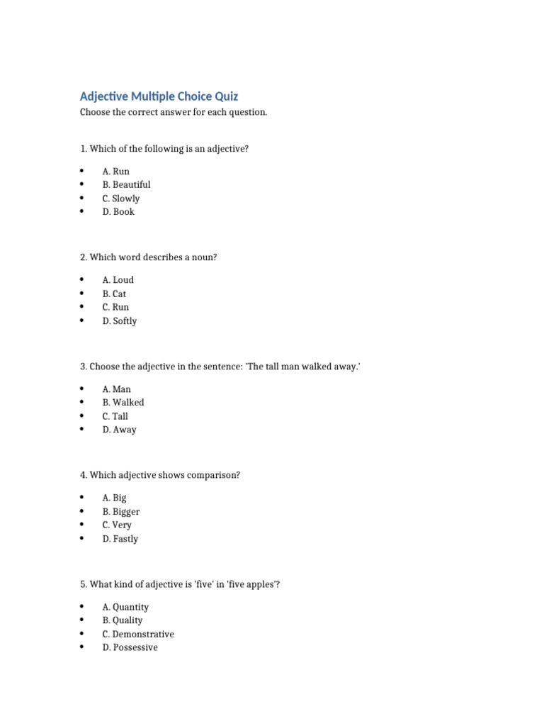 Adjective Quiz for Kids | PDF