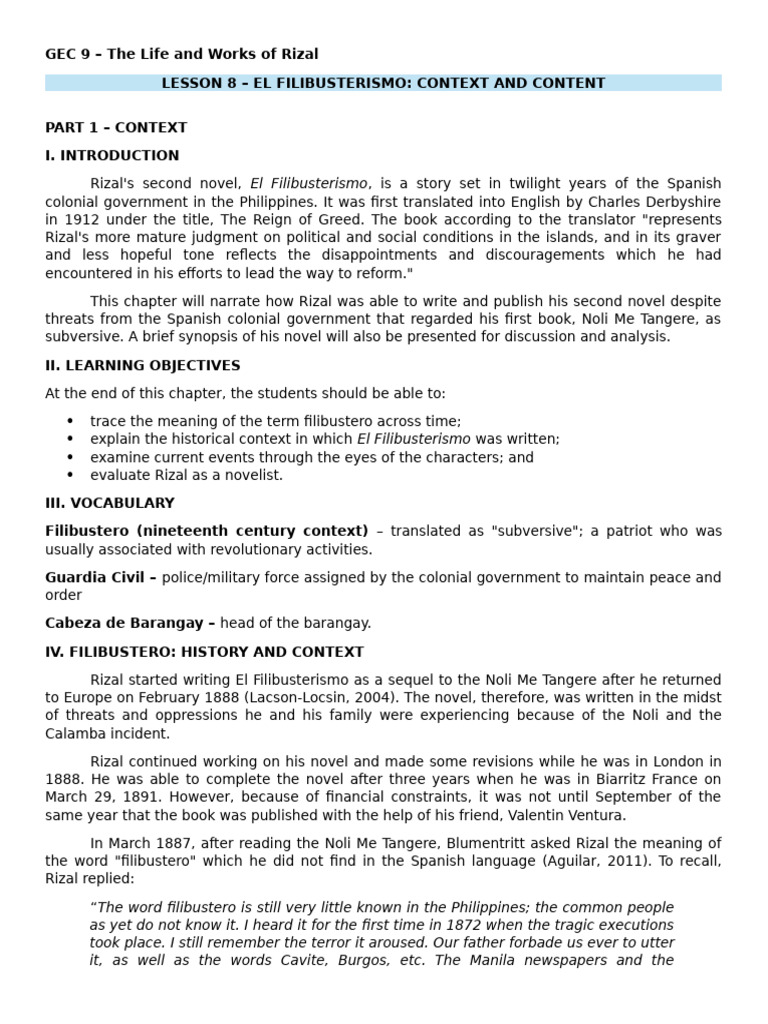 Gec 9 Lesson 8 El Filibusterismo Context and Content | PDF | Spanish ...