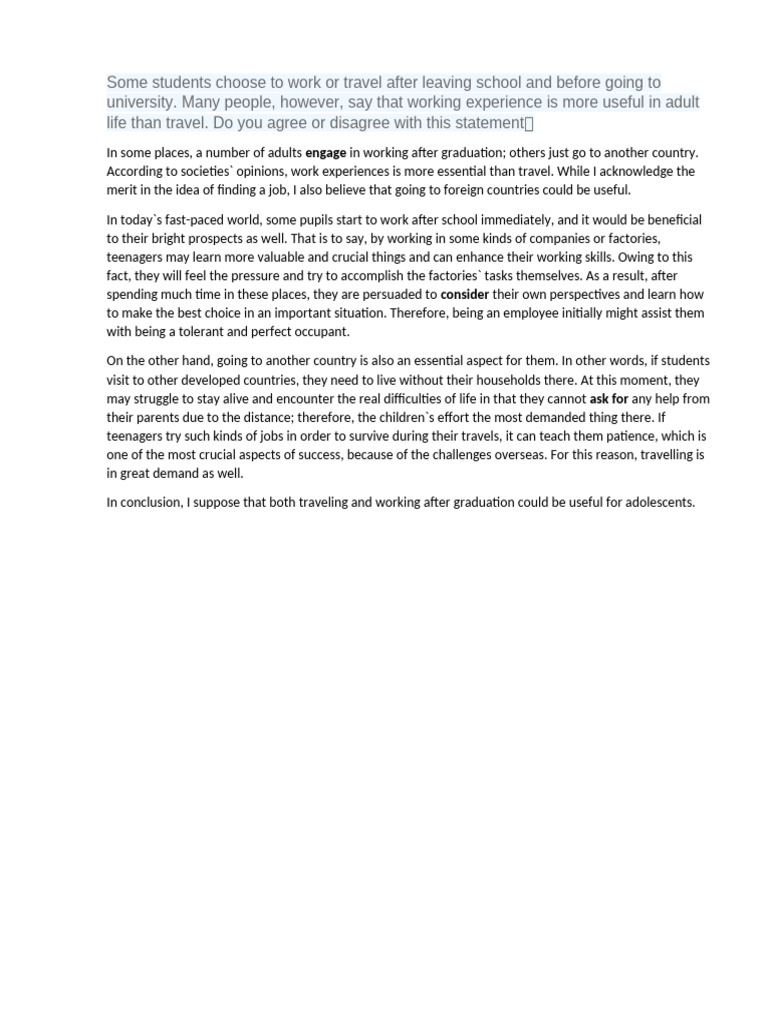 Work vs. Travel: Benefits for Students | PDF | Adolescence ...