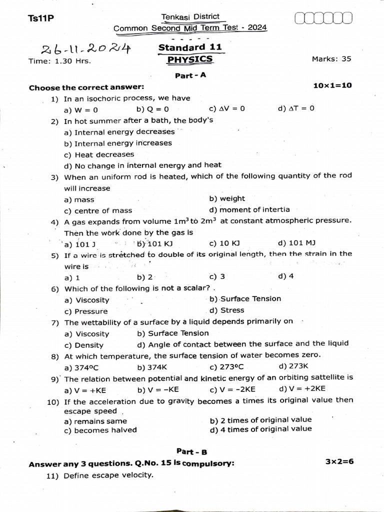 11th Physics 2nd Mid Term Exam 2024 Original Question Paper Tenkasi District English Medium PDF ...