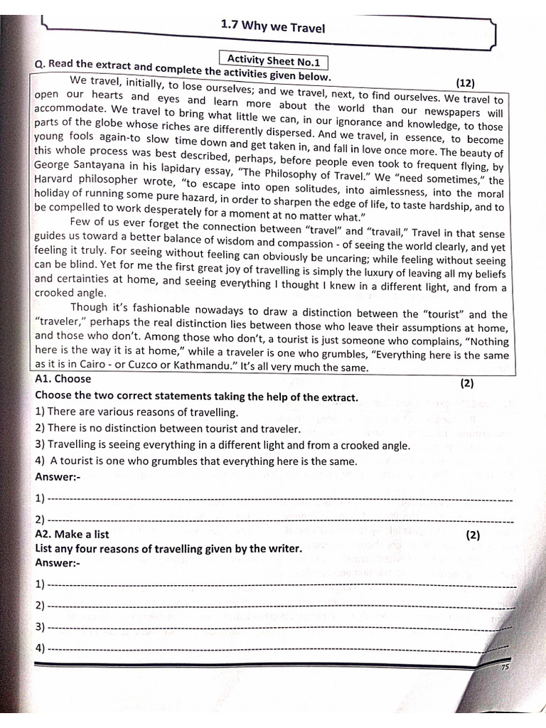 1.7 Why We Travel Activity Sheet 1 | PDF