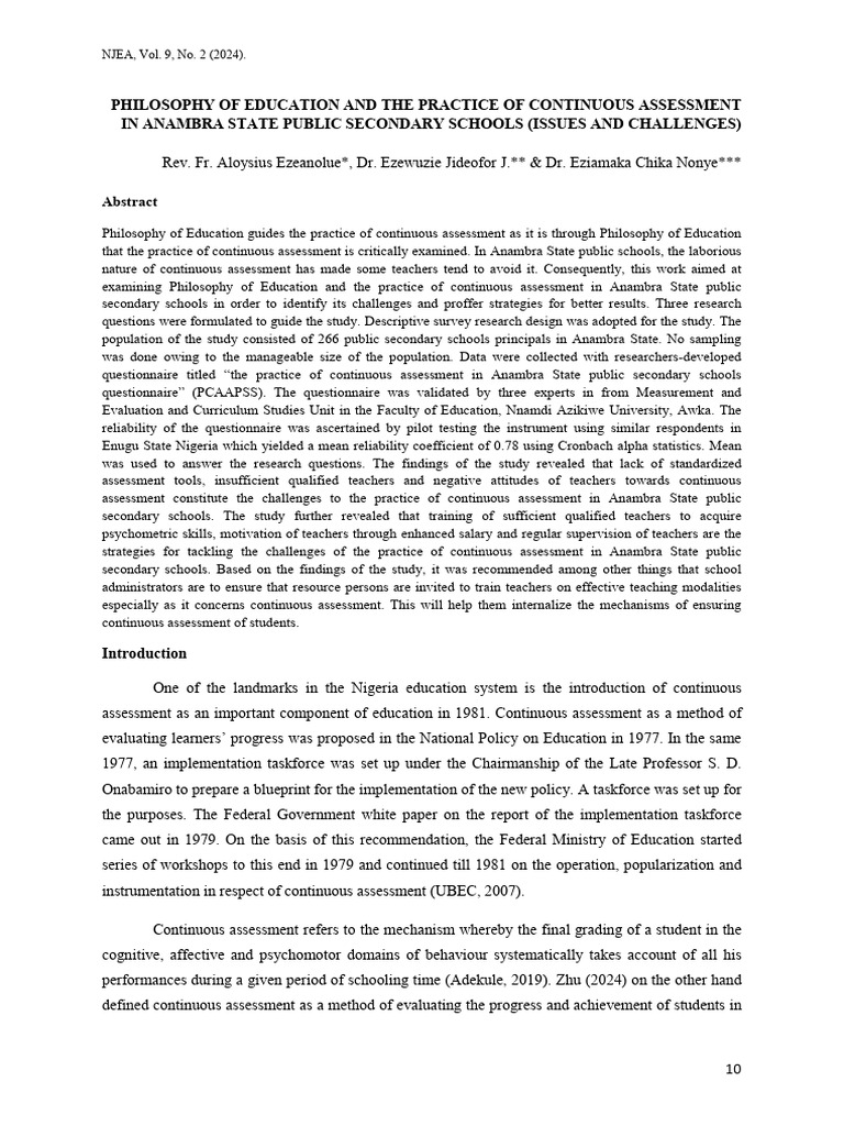 Philosophy of Education and The Practice of Continuous Assessment | PDF ...