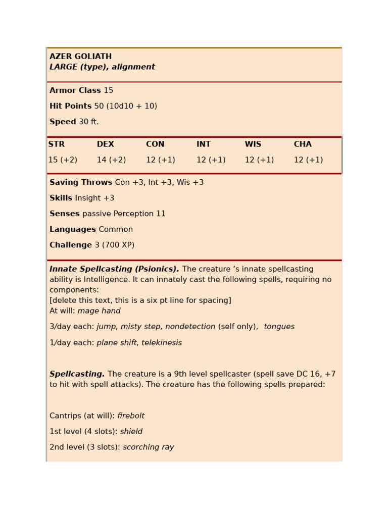 Azer Goliath: D&D Creature Stats | PDF