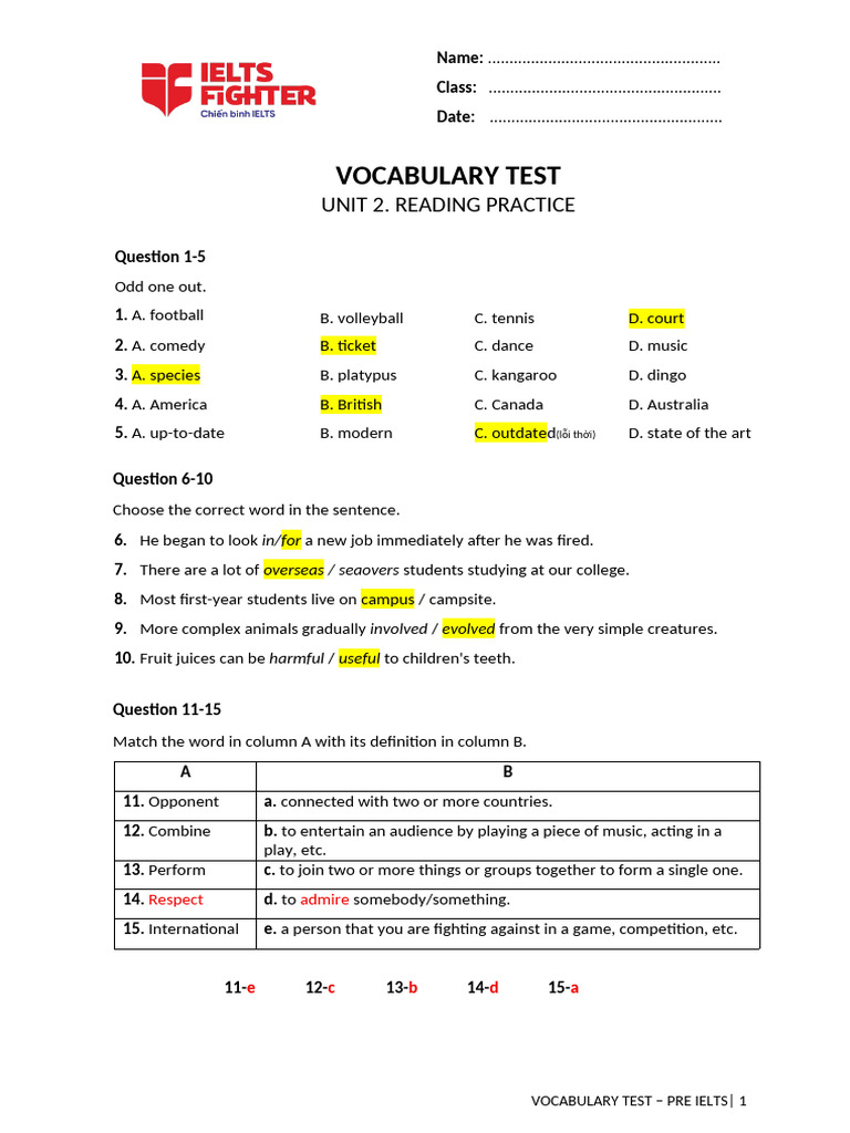 Vocabulary Test for Pre-IELTS Students | PDF