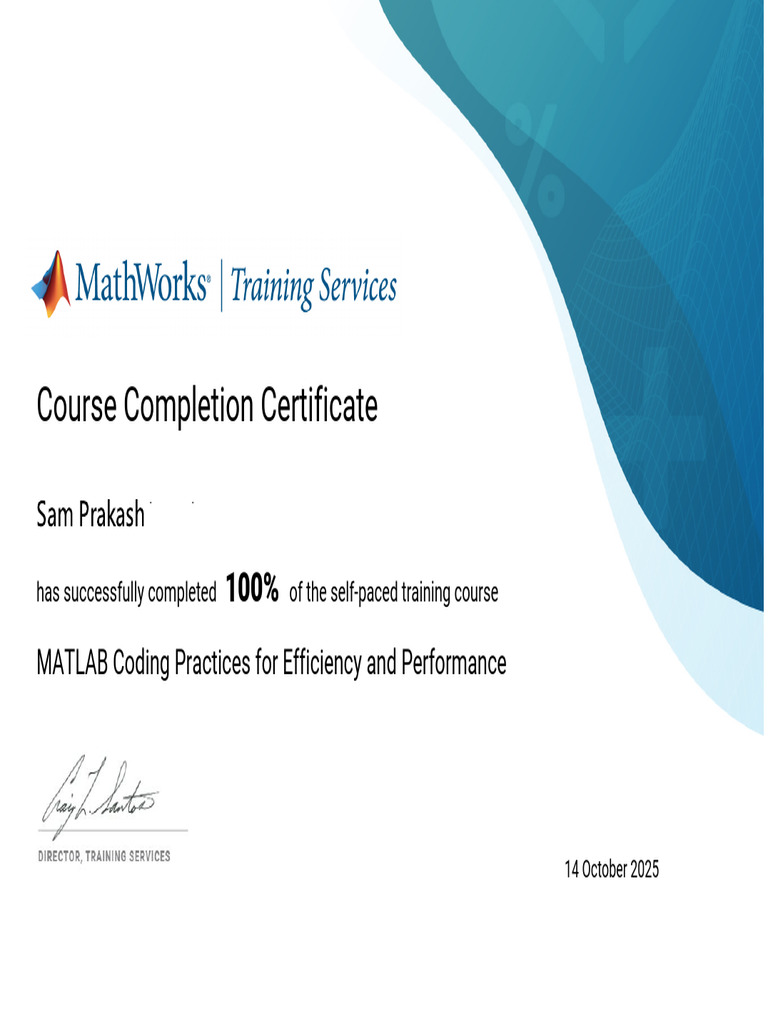 Matlab Coding Practices For Efficiency And Performance Certificate Pdf