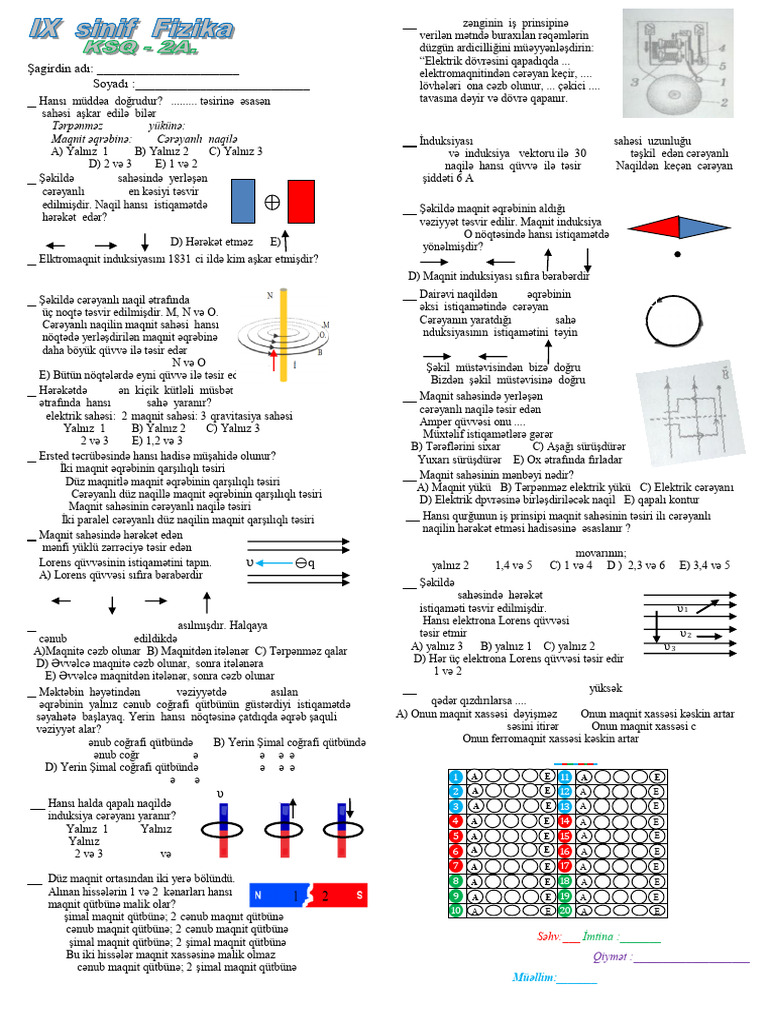 IX Sinif Fizika KSQ-2.Variant A VƏ B. | PDF