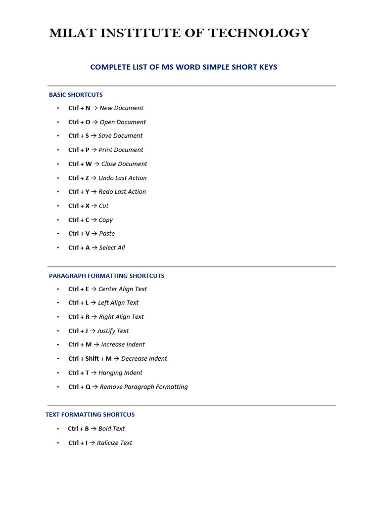 MS Word Shortcut Keys Guide | PDF | Microsoft Word | Keyboard Shortcut