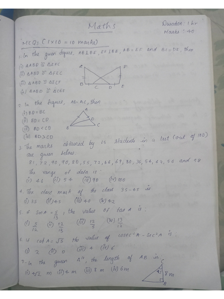 Class 9 Icse Question Paper Chapter 9,10,17,21,22 Mathematics | PDF