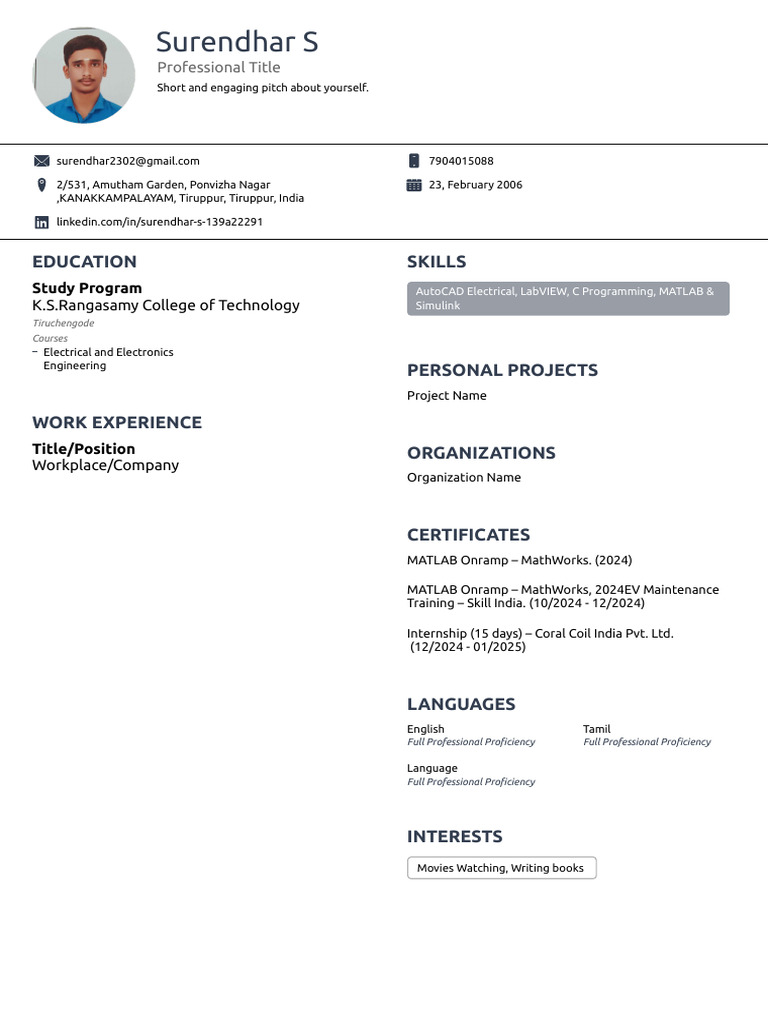 Surendhar S: Electrical Engineer Profile | PDF