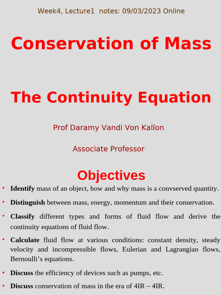Lecture Notes On Conservation of Mas and Continuity Equations | PDF ...