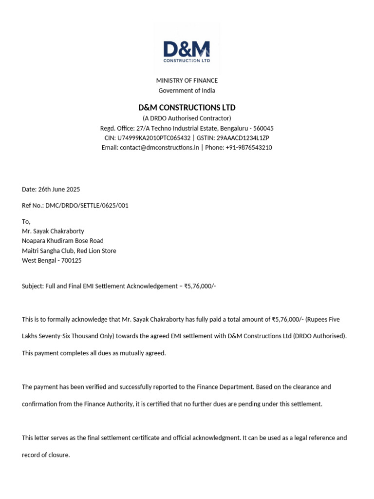 Final Settlement Letter DMC With Logo Letterhead | PDF