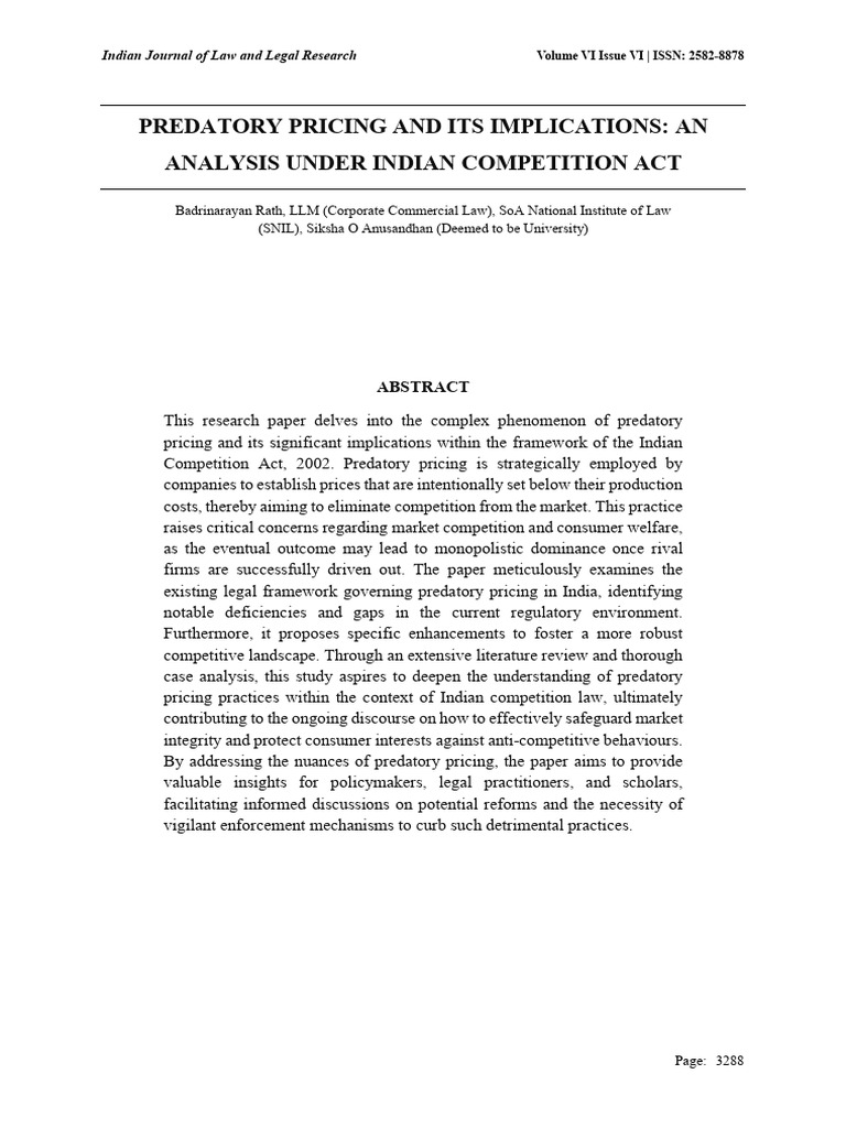 Predatory Pricing in Indian Law Analysis | PDF | Monopoly | Pricing