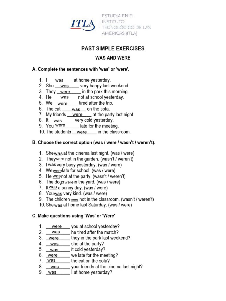 Past Simple Exercises - Was and Were Module 1, English 5 | PDF | Chess ...