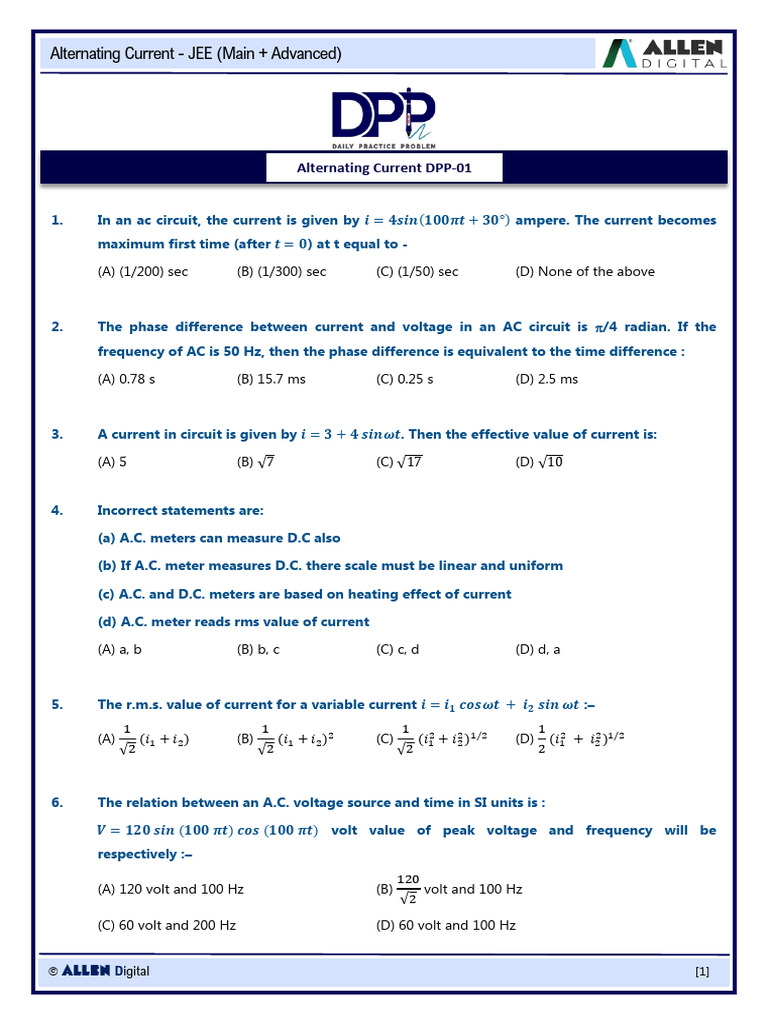 Alternating Current DPP - S - 1 | PDF | Alternating Current | Root Mean ...