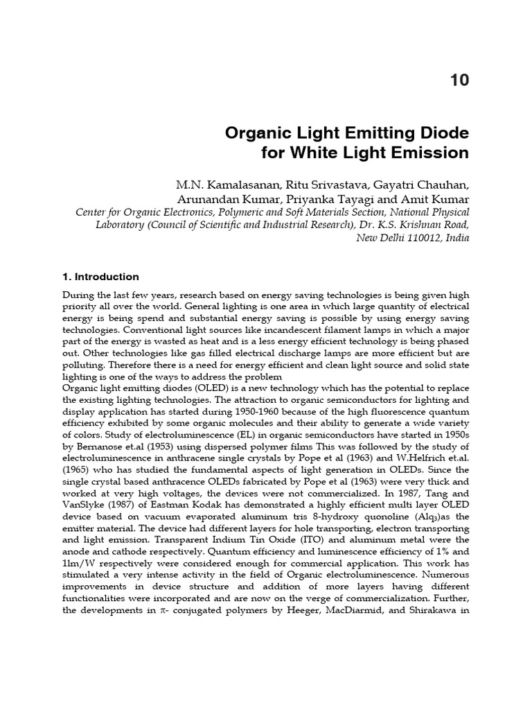 Organic Light Emitting Diodes For White | PDF | Oled | Light Emitting Diode