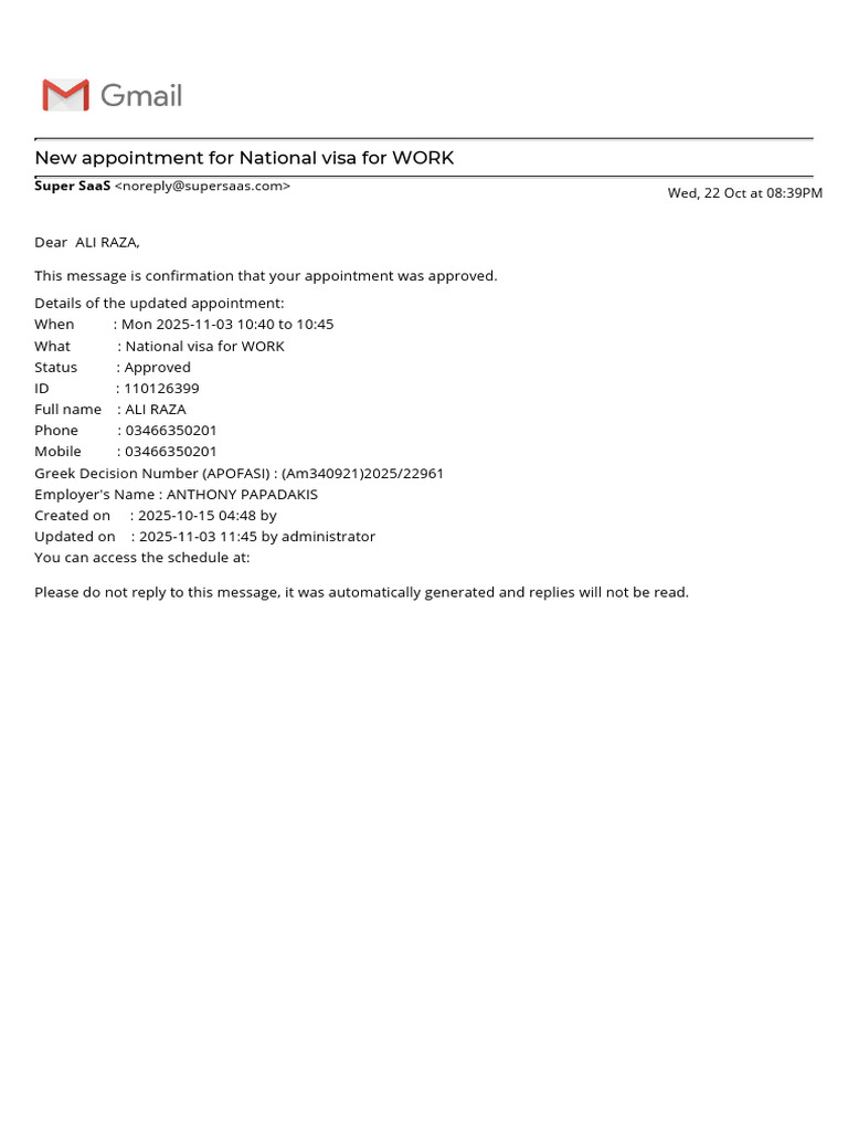 Appointment For National Visa For Work ALI RAZA | PDF