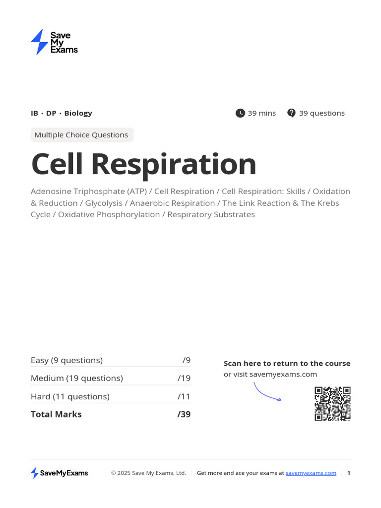 Cell Respiration MCQs for IB Biology | PDF | Cellular Respiration ...