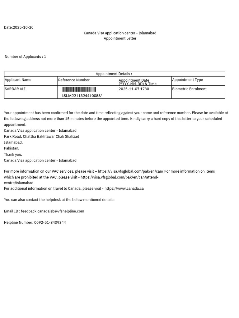 Canada Visa Biometric Appointment Confirmation | PDF
