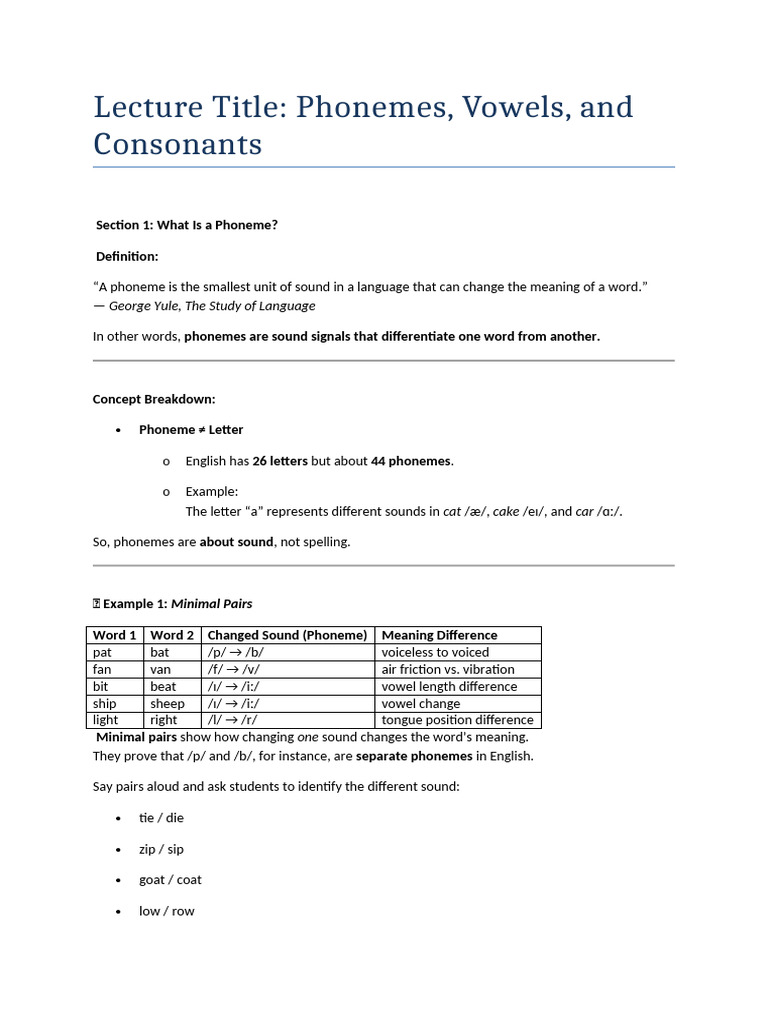 Lecture 8 Phonemes, Vowels, Consonants | PDF | Phoneme | Vowel
