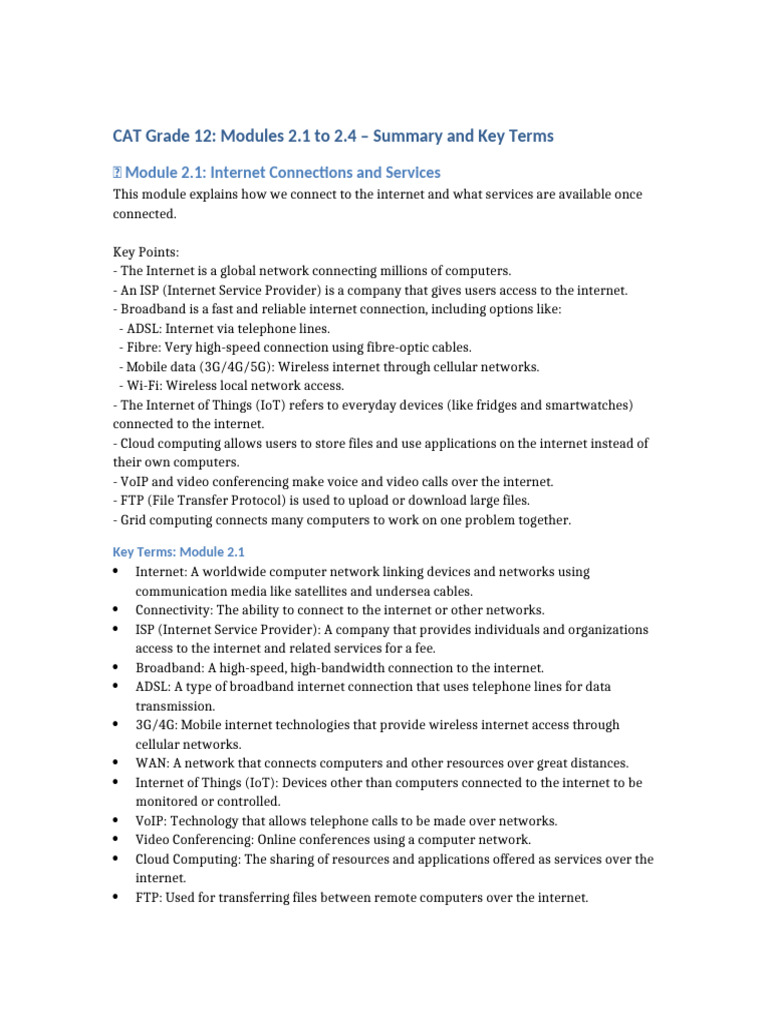 CAT Grade12 Module2.1 To 2.4 Summary | PDF | Internet | Internet Access