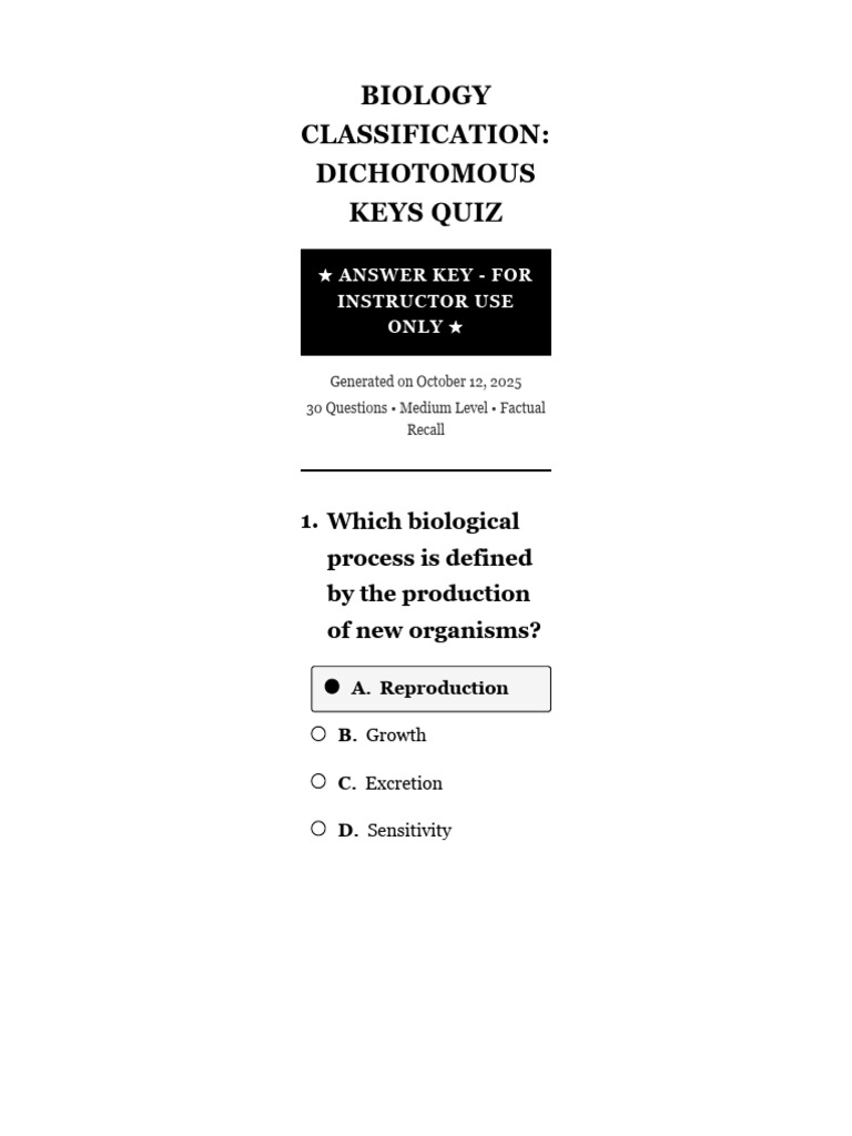 Biology Classification - Dichotomous Keys Quiz - Answer Key | PDF ...