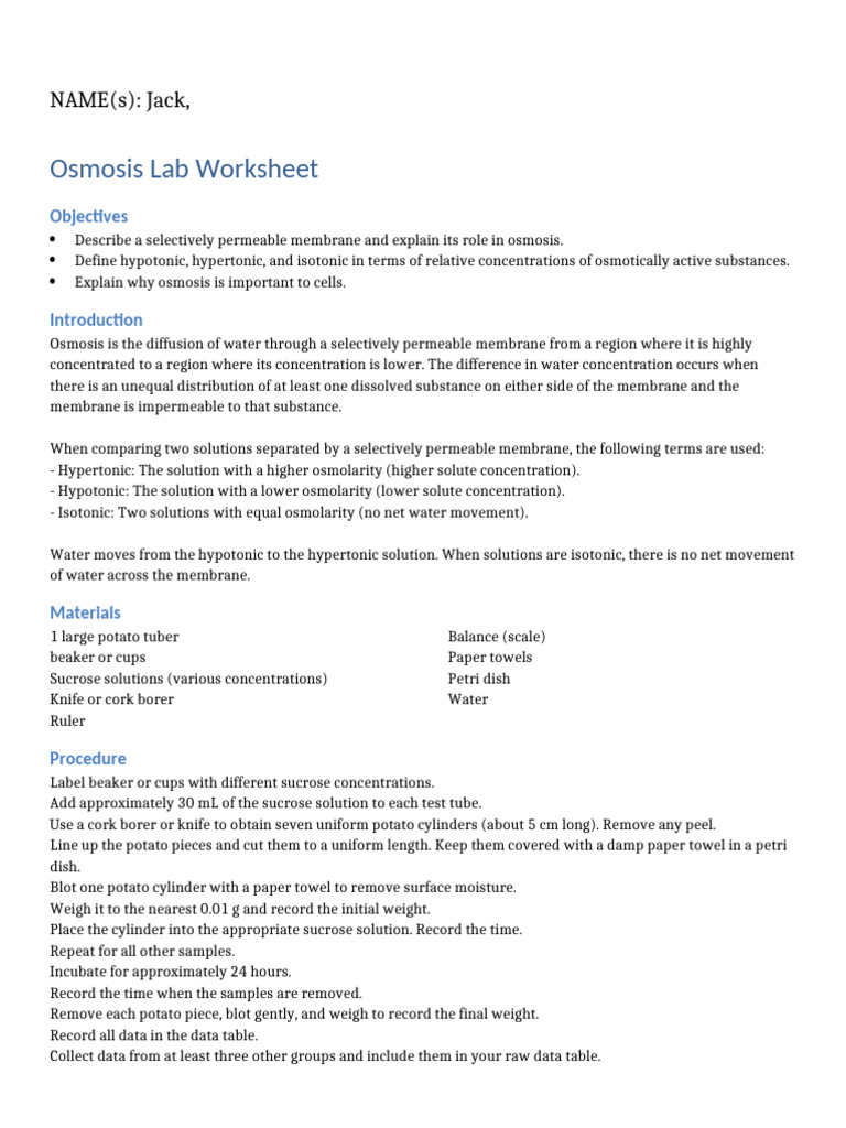Osmosis - Lab - Worksheet 2 | PDF | Osmosis