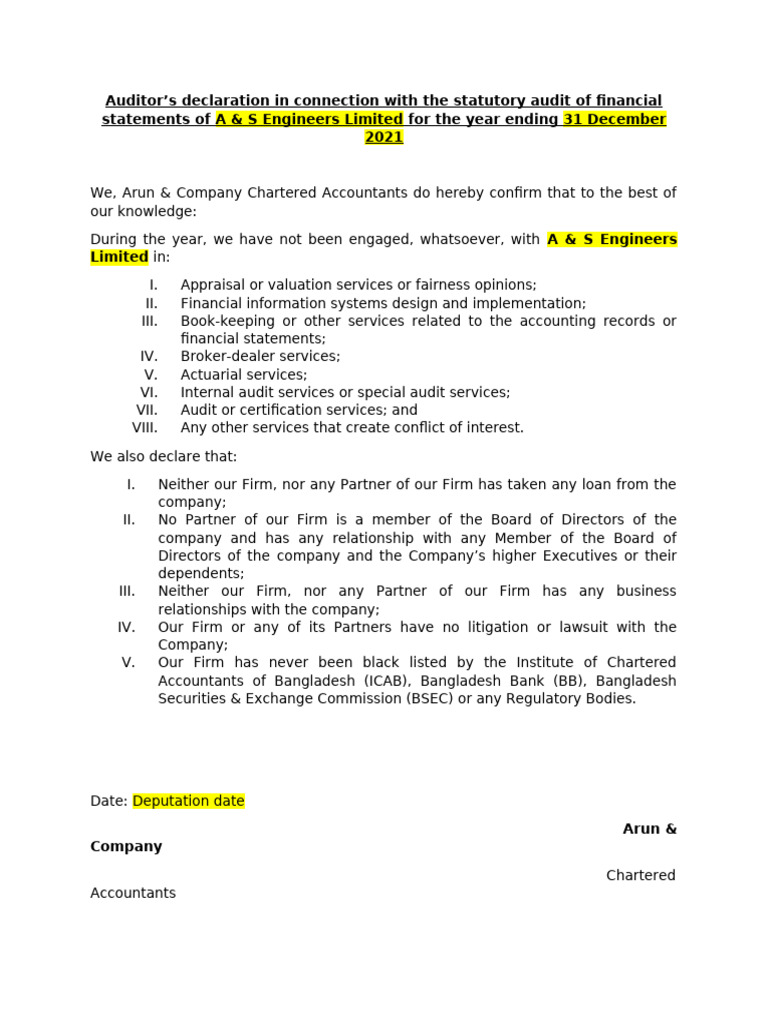 Auditor's Declaration for A & S Engineers 2021 | PDF