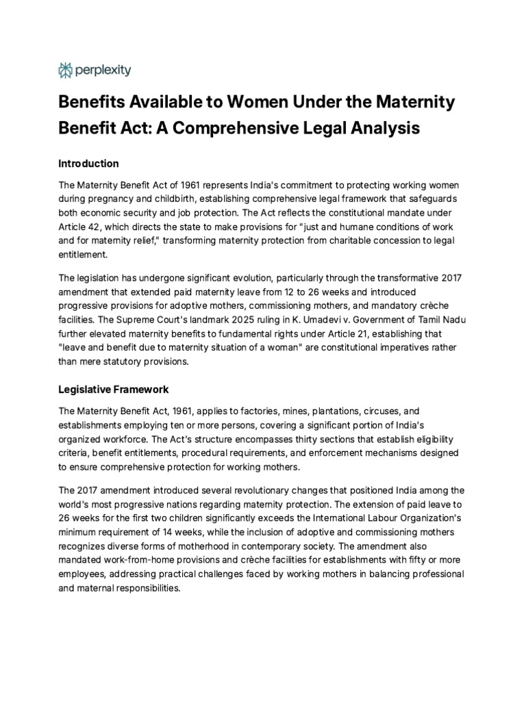 Benefits Available To Women Under The Maternity | PDF | Parental Leave ...