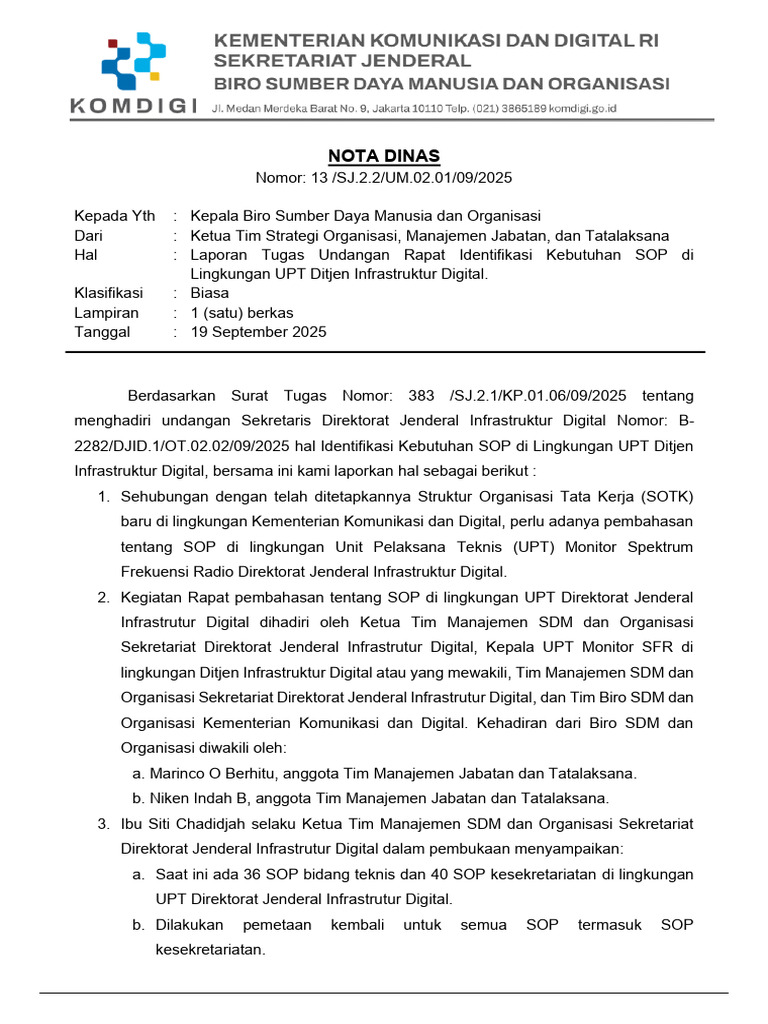 LapGas Pembahasan SOP UPT Infradigi (17 September 2025)TTE | PDF