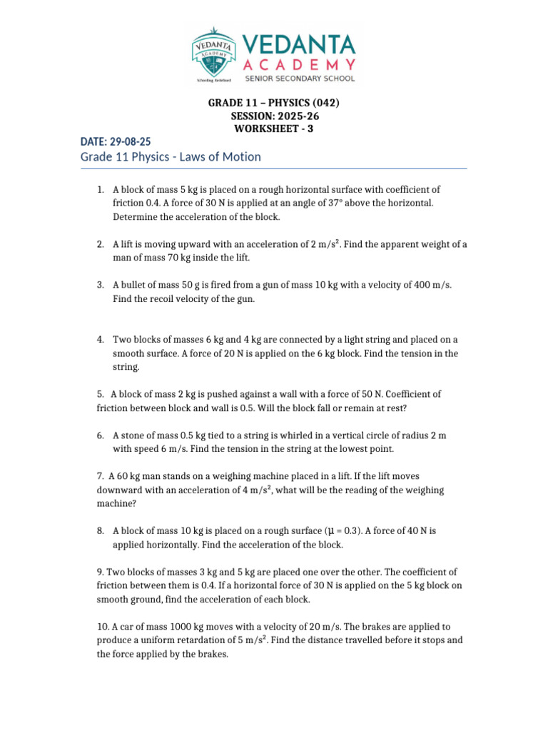 Grade 11 Physics Laws of Motion Worksheet | PDF